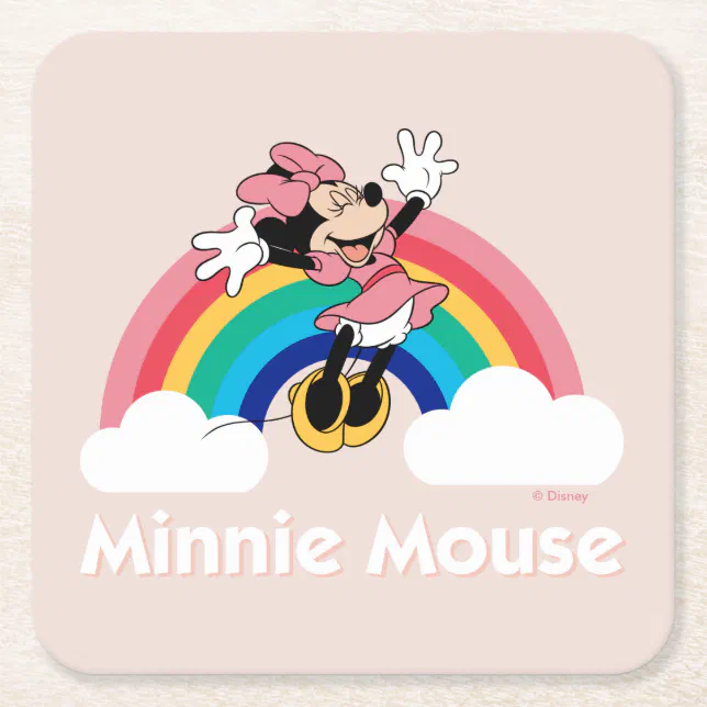 Minnie Mouse | Rainbow & Clouds Square Paper Coaster | Zazzle