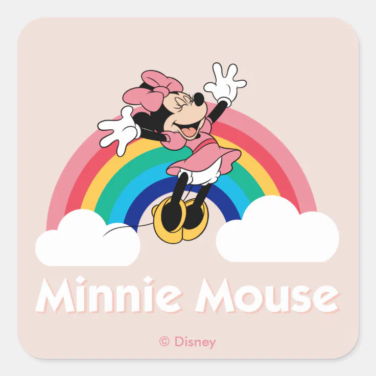 Minnie Mouse | Rainbow & Clouds Square Sticker | Zazzle