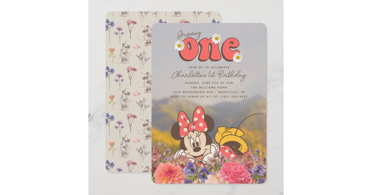 Minnie Mouse Retro Groovy One Birthday Invitation | Zazzle