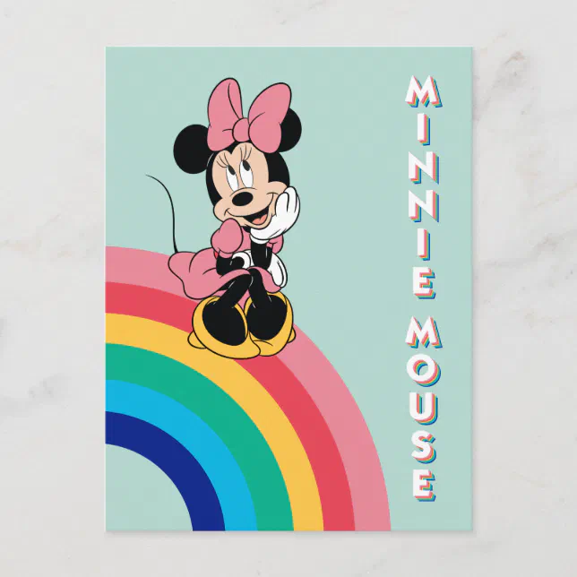 Minnie Mouse | Sitting on a Rainbow Postcard | Zazzle