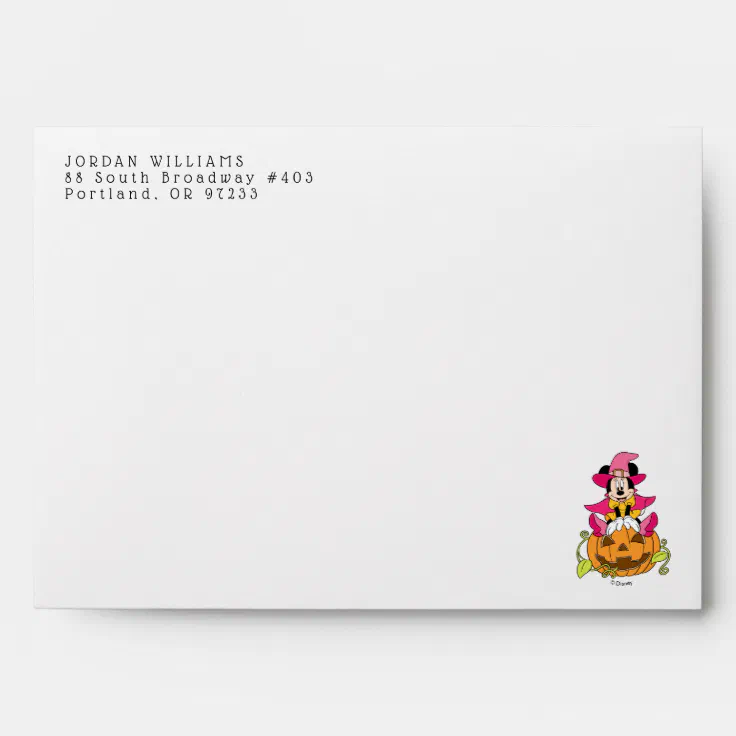 Minnie Mouse Sitting on Jack-O-Lantern Envelope | Zazzle