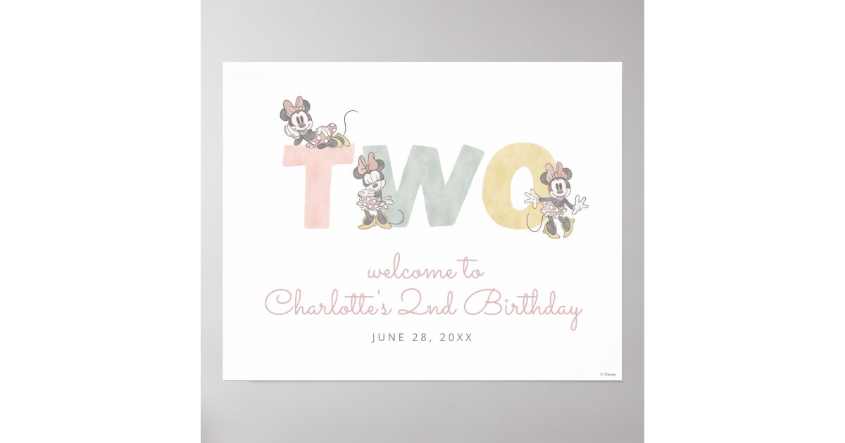 Minnie Mouse Watercolor 2nd Birthday Welcome Poster | Zazzle