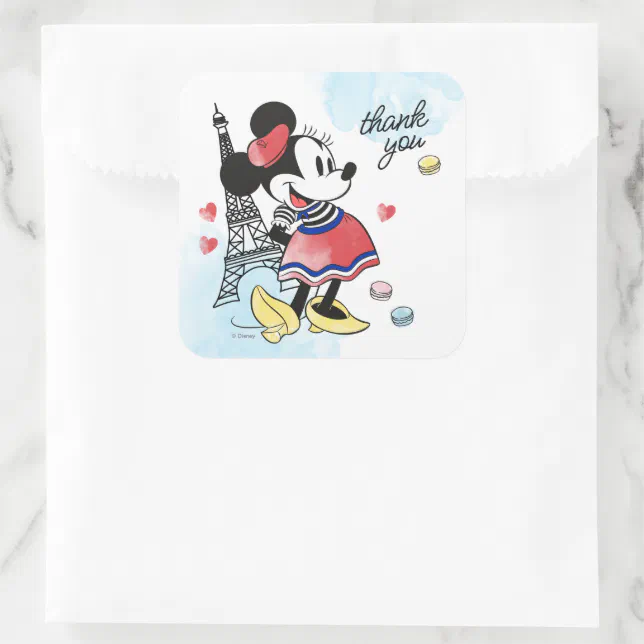 Minnie Mouse Watercolor Paris Birthday Thank You Square Sticker | Zazzle