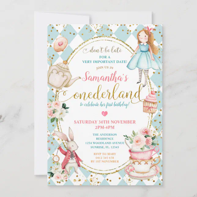 Mint and Blue Alice Tea Party First Birthday Invitation | Zazzle