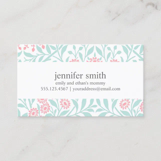 Mint and Coral Floral Damask Pattern Calling Card | Zazzle