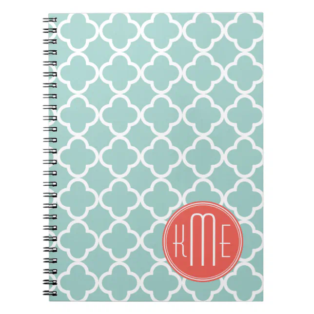 Mint and Coral Quatrefoil with Custom Monogram Notebook | Zazzle