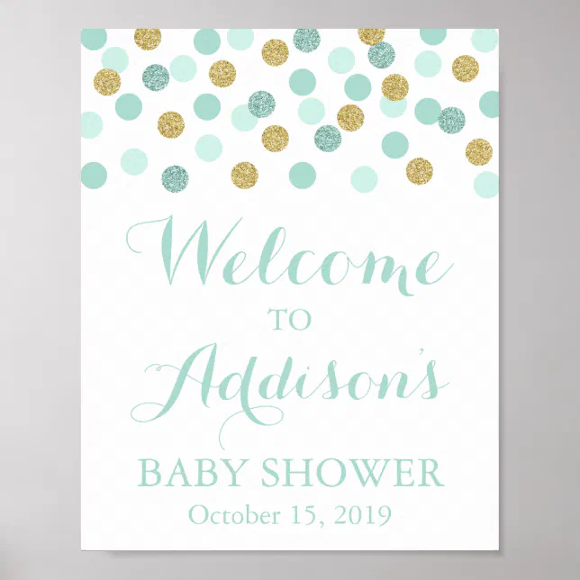 Mint and Gold Baby Shower Welcome Sign Poster | Zazzle