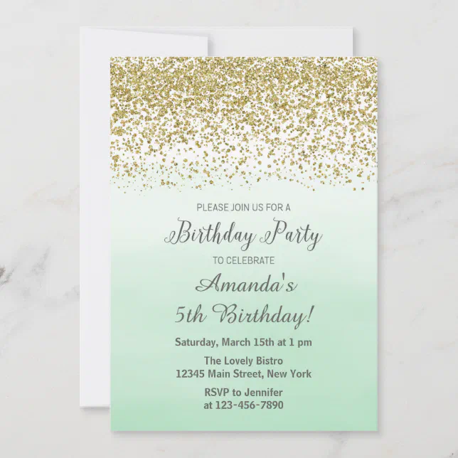 Mint and Gold Birthday Invitation | Zazzle