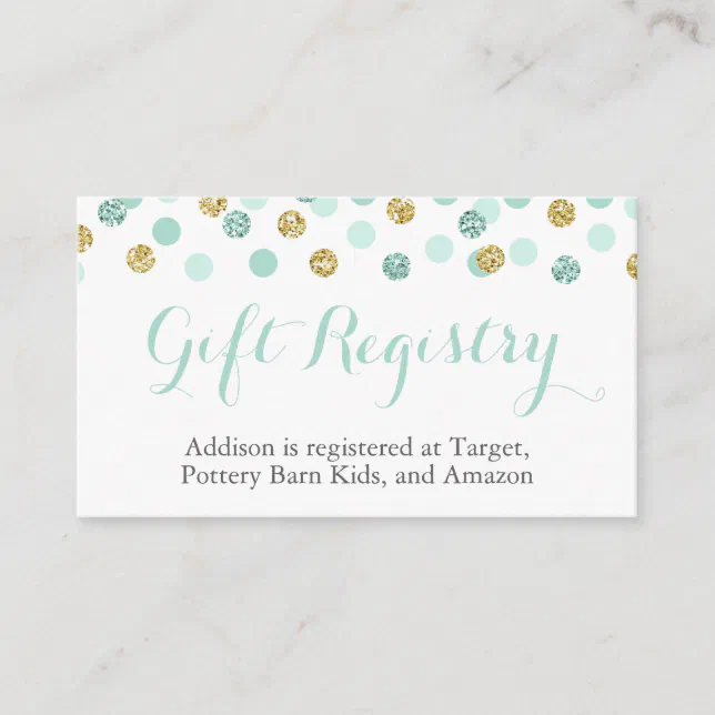 Mint and Gold Glitter Gift Registry Insert Cards | Zazzle