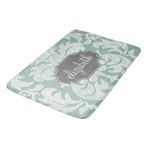 Mint and Gray Damask Pattern Custom Name Bath Mat | Zazzle