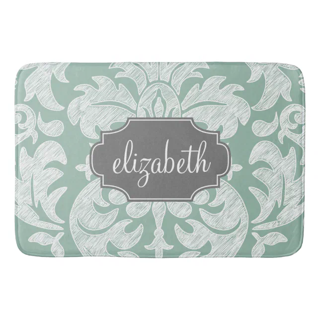 Mint and Gray Damask Pattern Custom Name Bath Mat | Zazzle
