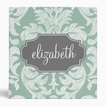 Mint and Gray Damask Pattern Custom Name Binder | Zazzle
