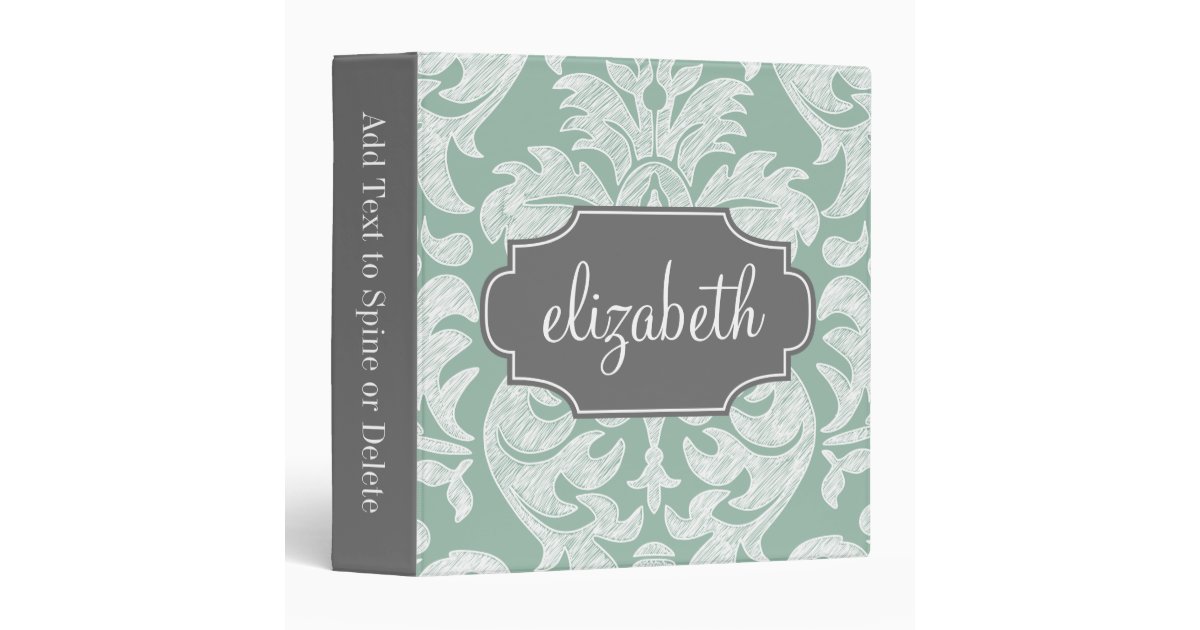 Mint and Gray Damask Pattern Custom Name Binder | Zazzle