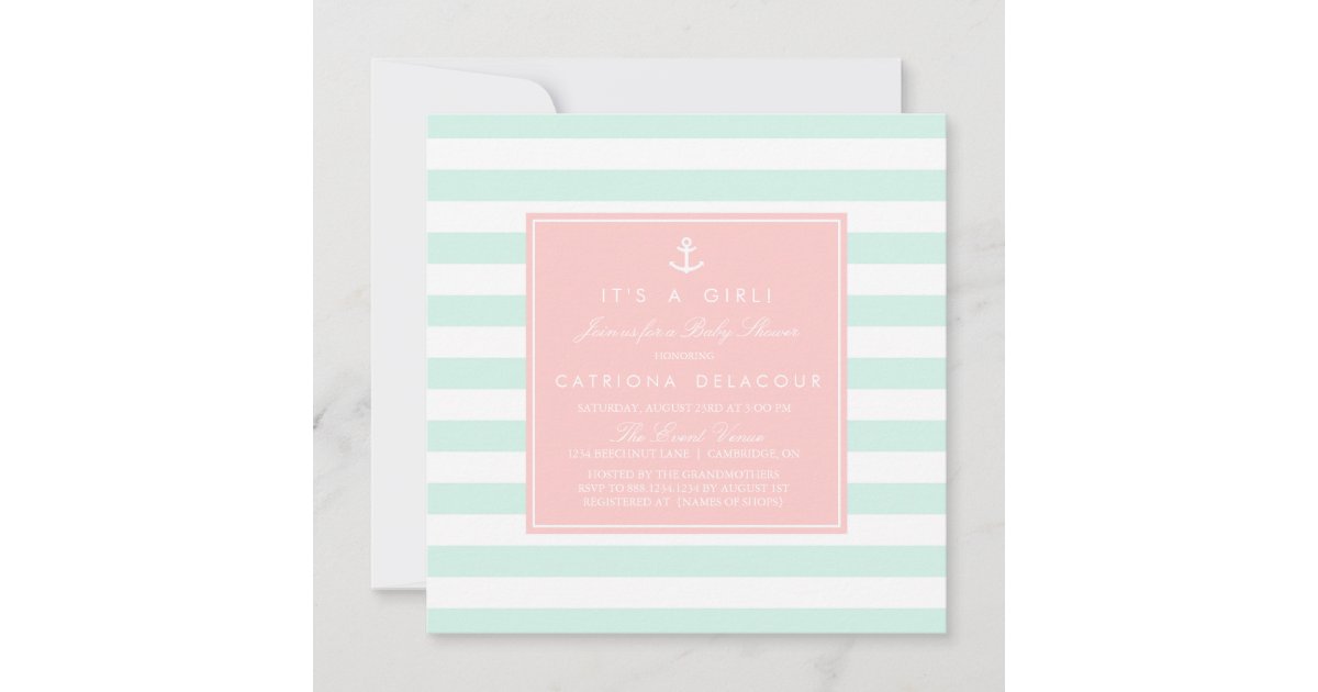 Mint and Pink Nautical Baby Shower Invitation | Zazzle