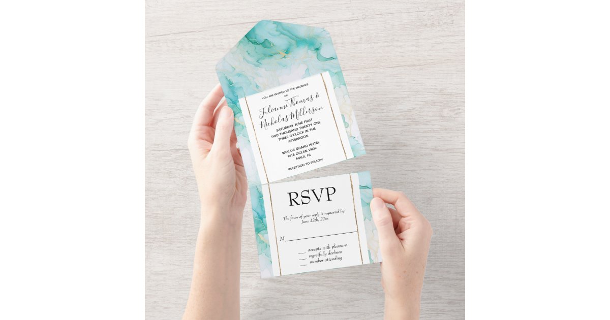 Mint Aqua Glam Elegant Gold Marble All In One Invitation | Zazzle