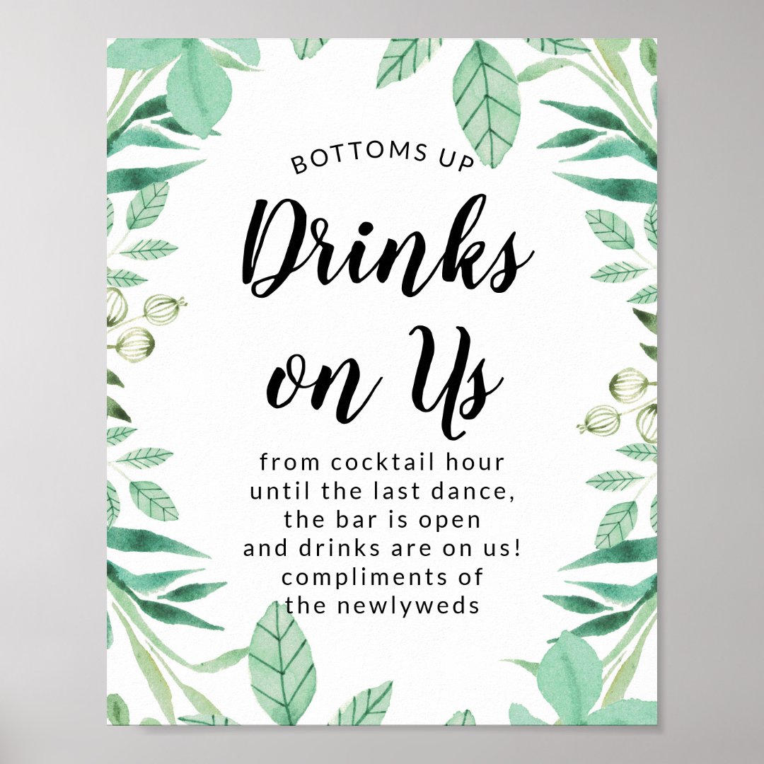 Mint Drinks on Us Open Bar Wedding Reception Sign | Zazzle