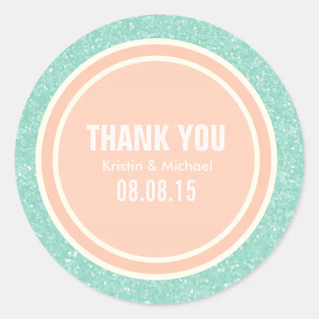 Mint Glitter & Peach Thank You Round Stickers | Zazzle