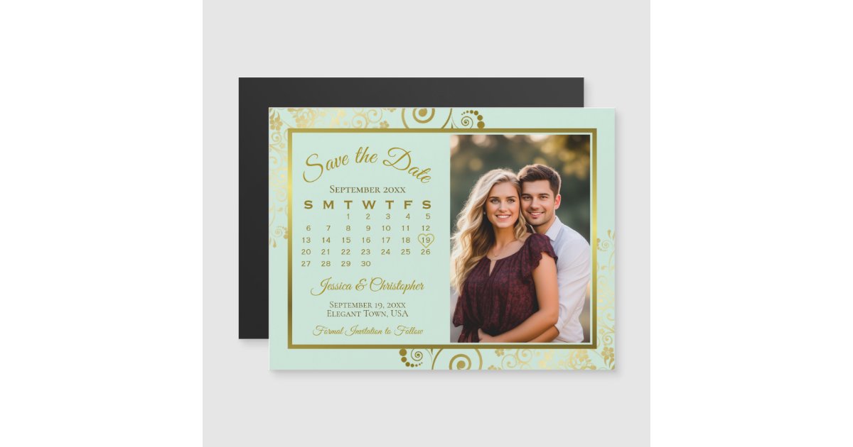 Mint & Gold Calendar & Photo Save the Date Magnet | Zazzle