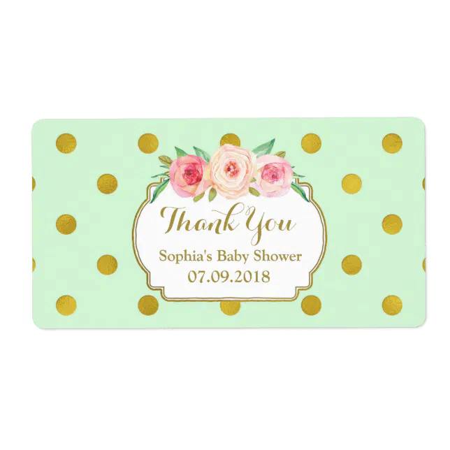 Mint Gold Dots Floral Baby Shower Labels | Zazzle