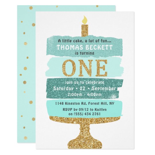 Mint & Gold Glitter Cake 1st Birthday Invitations | Zazzle.com