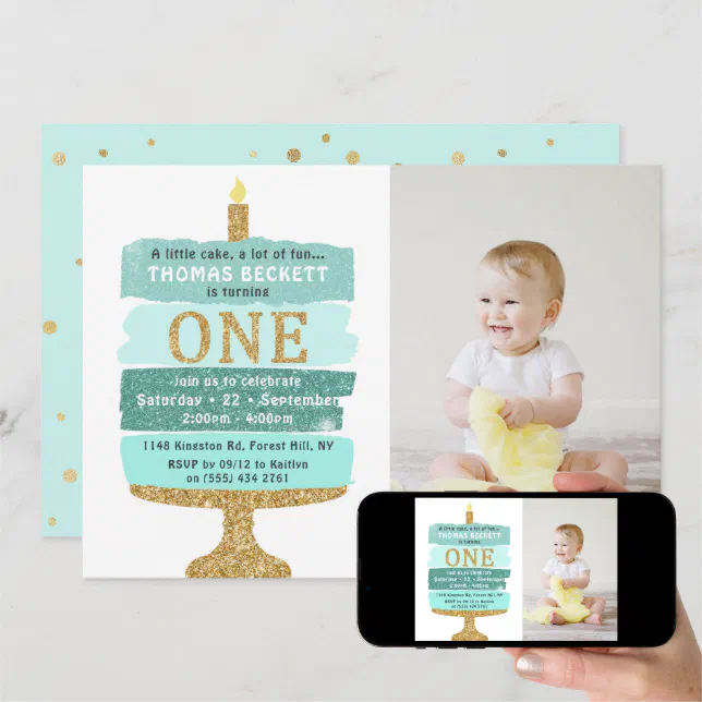 Mint & Gold Glitter Cake Photo 1st Birthday Invitation | Zazzle