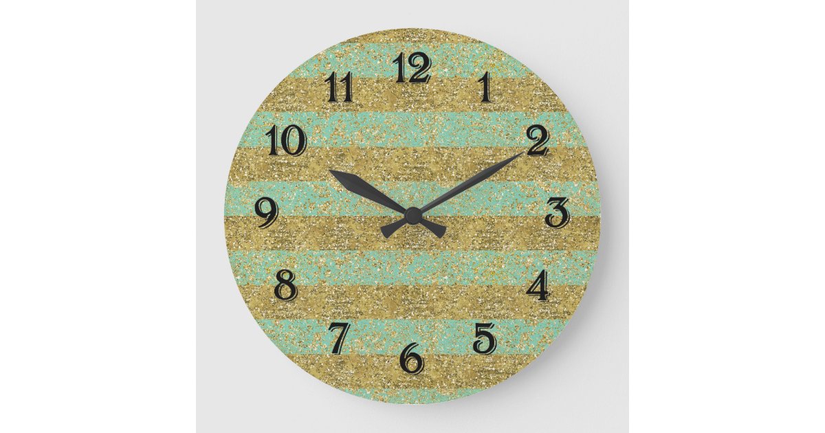 Mint Gold Glittery Stripes Large Clock | Zazzle