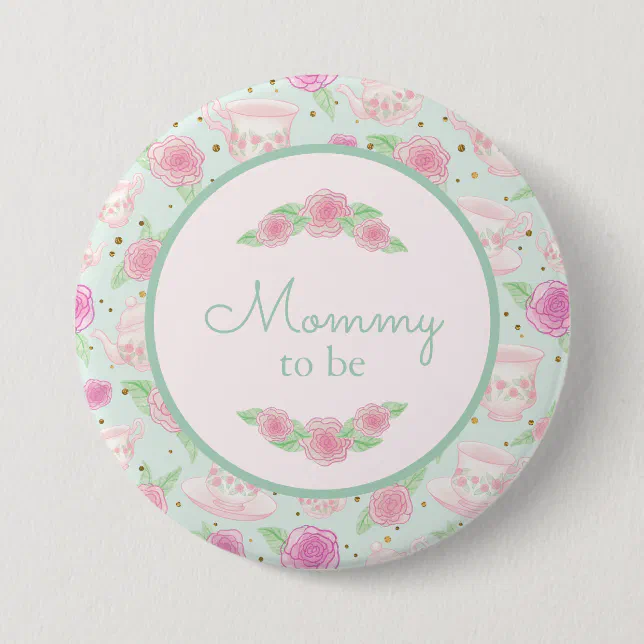 Mint Gold Tea Party Mommy To Be Baby Shower Button | Zazzle