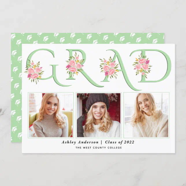 Mint GRAD typography pink roses photo graduation Announcement | Zazzle