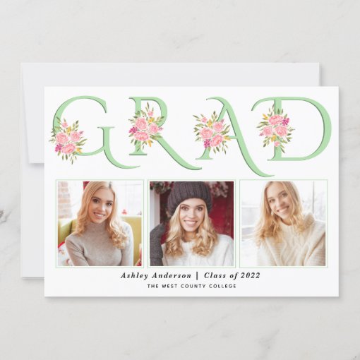 Mint GRAD typography pink roses photo graduation Announcement | Zazzle