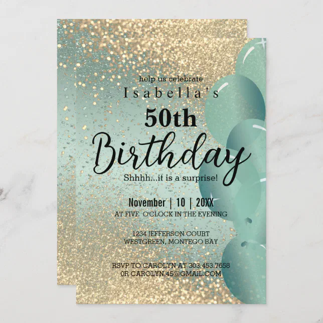 Mint Green and Gold Glitter Birthday Invitation | Zazzle