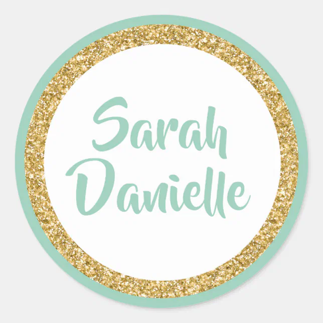 Mint Green and Gold Glitter Favor Sticker | Zazzle