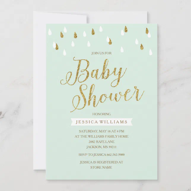 Mint Green and Gold Glitter Raindrops Baby Shower Invitation | Zazzle