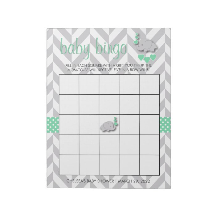 Mint Green and Gray Elephant Baby Shower Bingo Notepad | Zazzle