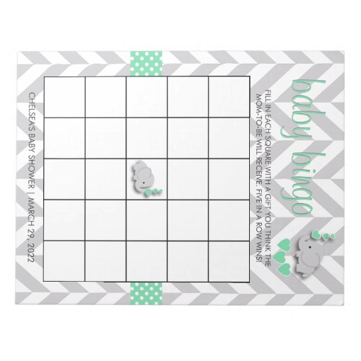 Mint Green and Gray Elephant Baby Shower Bingo Notepad | Zazzle