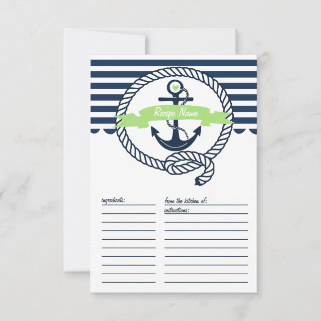 Mint Green and Navy Nautical Stripes Recipe Card | Zazzle