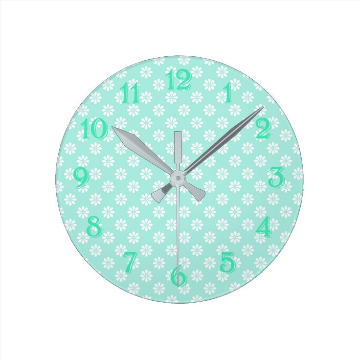 Mint Green and White Daisies Patterned Round Clock | Zazzle