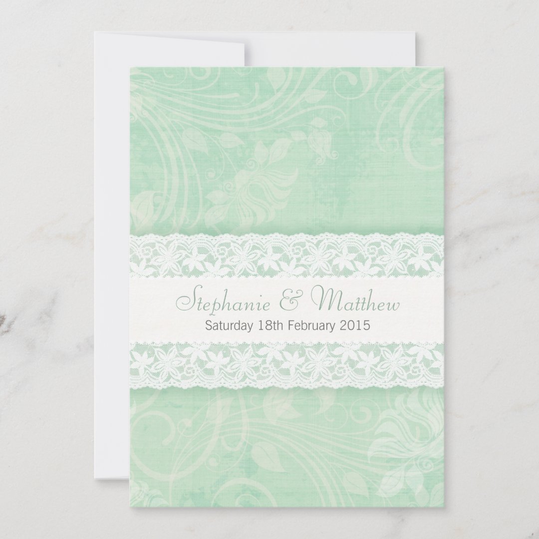 Mint green and white lace wedding invitation | Zazzle