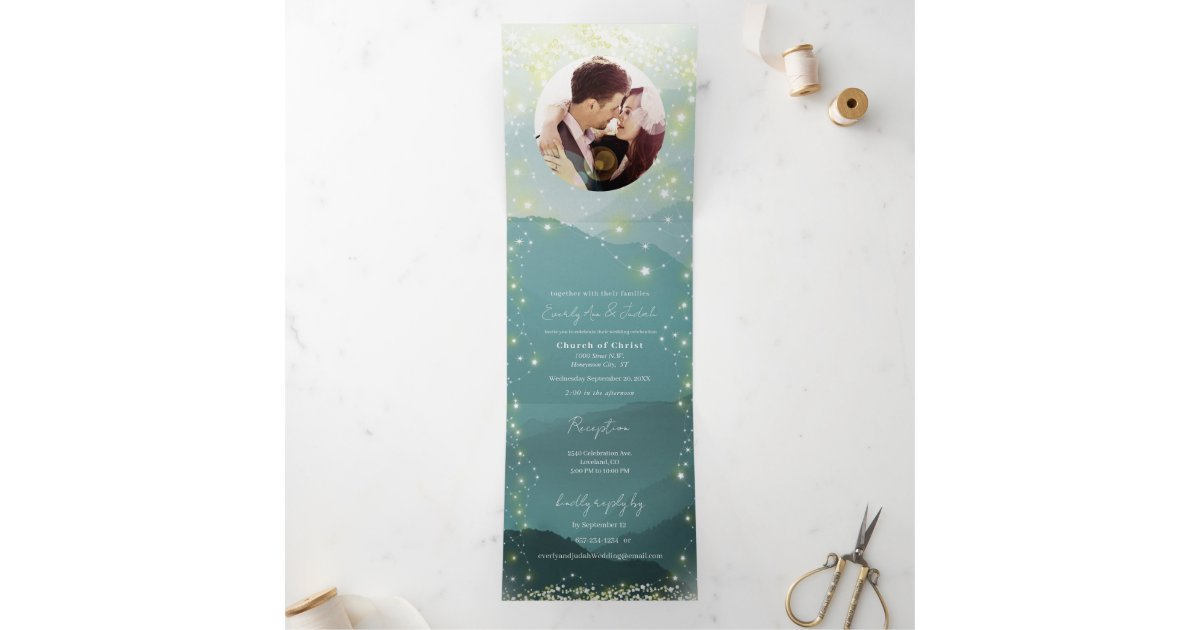 Mint Green Ash Mountain Hillside Wedding Tri-Fold Invitation | Zazzle