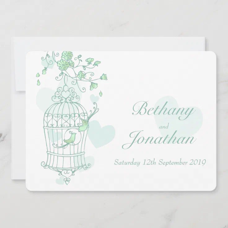 Mint green birds open cage wedding invitation | Zazzle