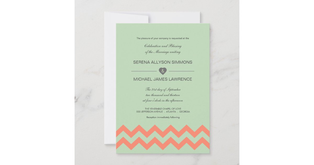 Mint Green & Coral Chevron Wedding Invitation | Zazzle