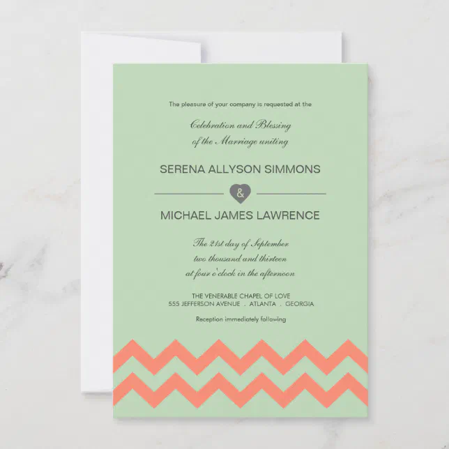 Mint Green & Coral Chevron Wedding Invitation | Zazzle