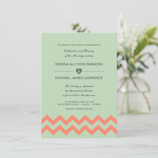 Mint Green & Coral Chevron Wedding Invitation | Zazzle
