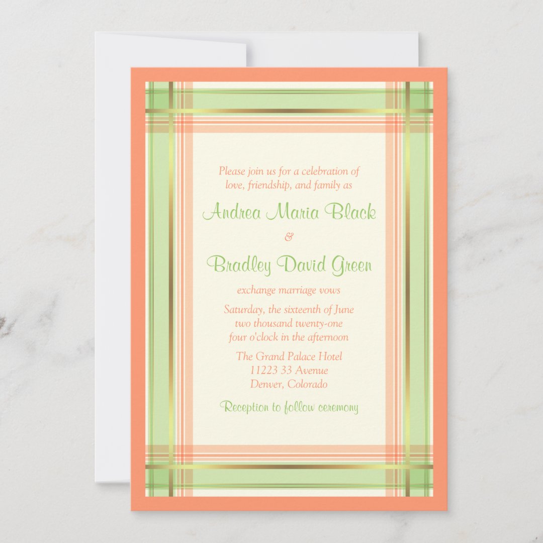 Mint Green Coral Pink Plaid Wedding Invitation | Zazzle