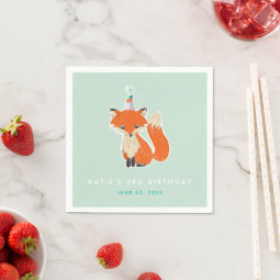 Mint Green Cute Fox Party Hat Woodland Birthday Napkins | Zazzle