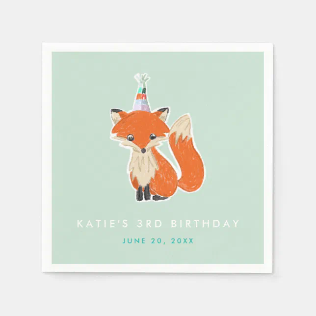 Mint Green Cute Fox Party Hat Woodland Birthday Napkins | Zazzle