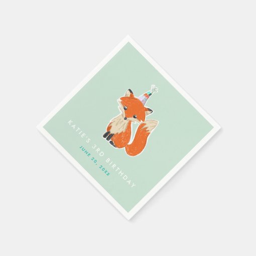 Mint Green Cute Fox Party Hat Woodland Birthday Napkins | Zazzle