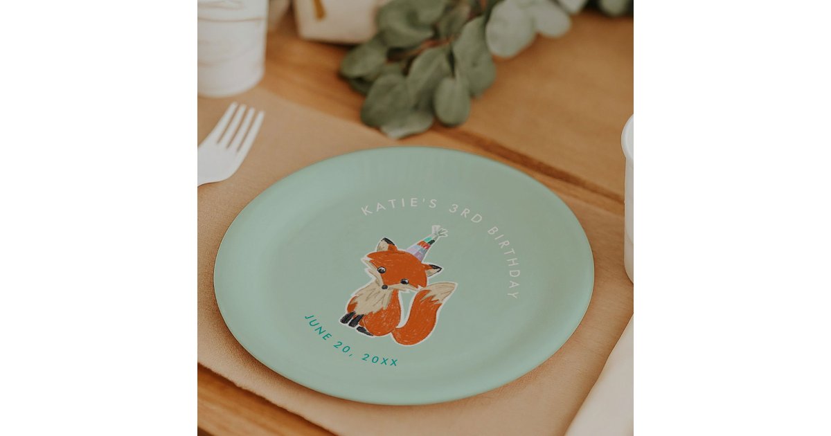 Mint Green Cute Fox Party Hat Woodland Birthday Paper Plates | Zazzle
