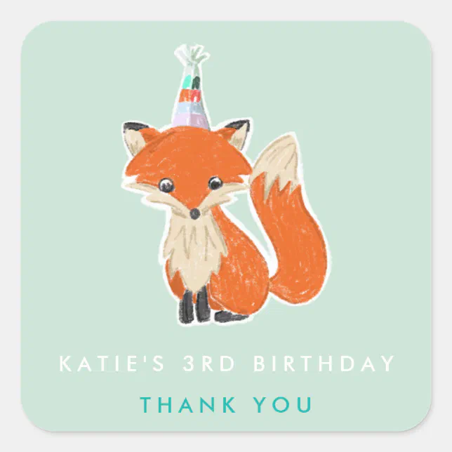 Mint Green Cute Fox Party Hat Woodland Birthday Square Sticker | Zazzle