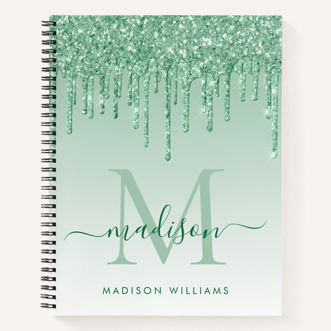 Mint Green Drips Glitter Sparkle Monogram Script Notebook | Zazzle