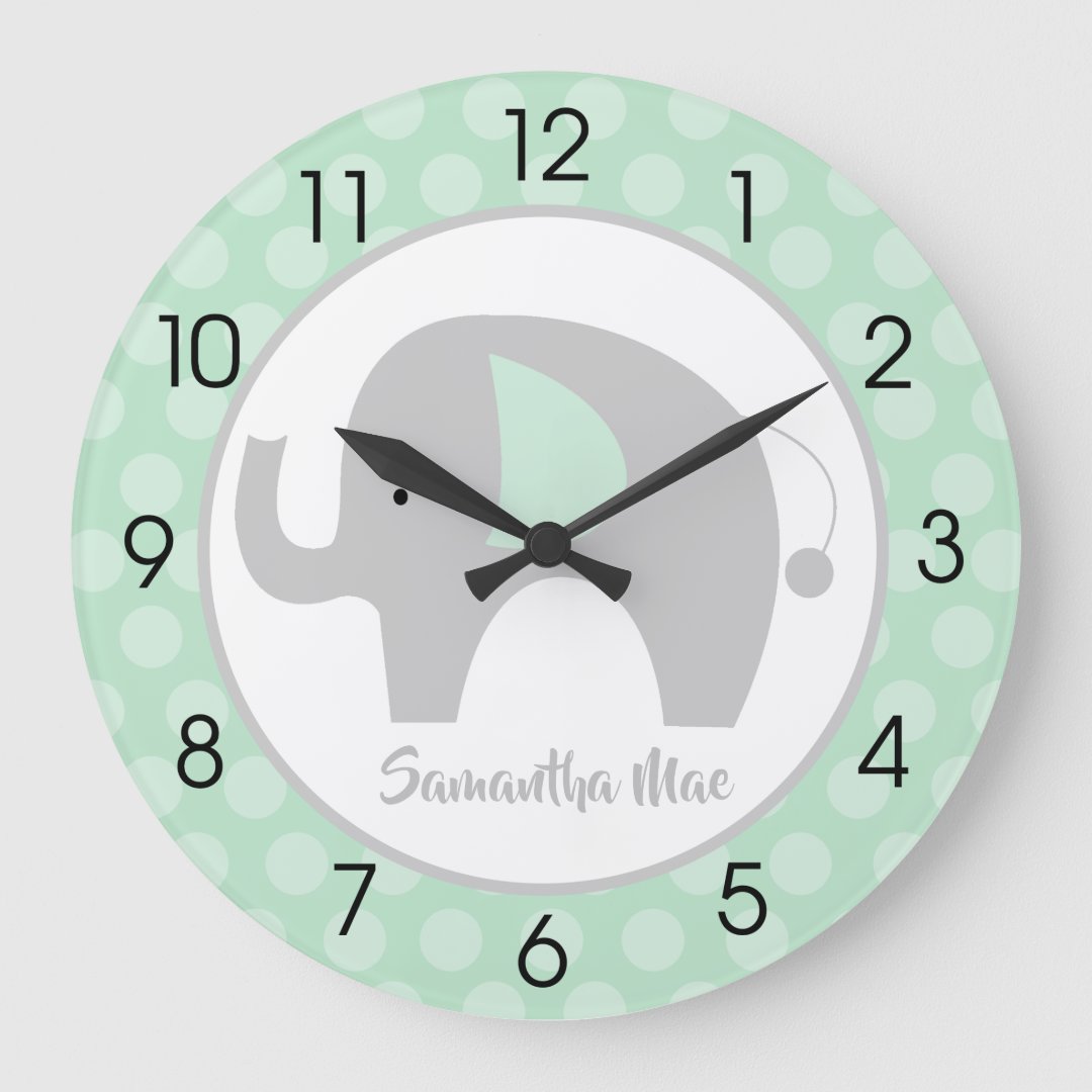Mint Green Elephant Gender Neutral Nursery Large Clock | Zazzle